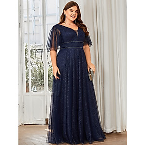Ever-Pretty Plus Women's A Line illsuion Tulle Floor-Length Plus Size Dance Party Dress Navy US24