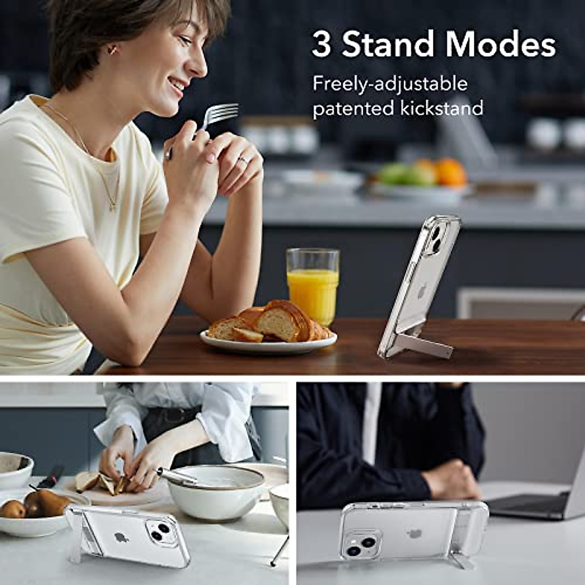ESR for iPhone 14 Case/iPhone 13 Case, 3 Stand Modes, Military-Grade Drop Protection, Supports Wireless Charging, Slim Back Cover with Stand, Phone Case for iPhone 14/13, Metal Kickstand Case, Clear