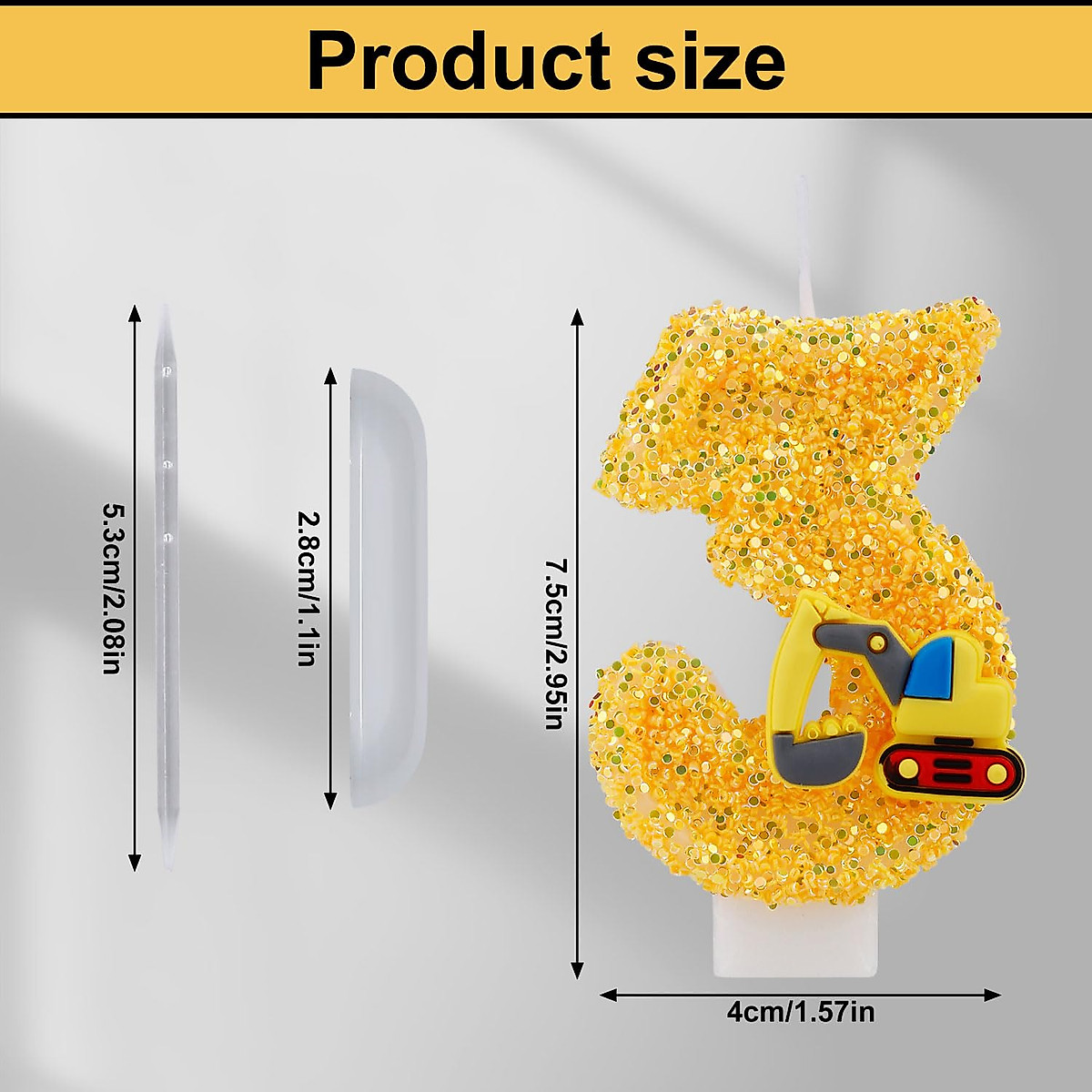 Construction Birthday Candles, Glitter Number Candles for Cake Decorations Yellow Sequined Truck Themed Cupcake Topper for Boys Birthday Party Supplies (Number 3)