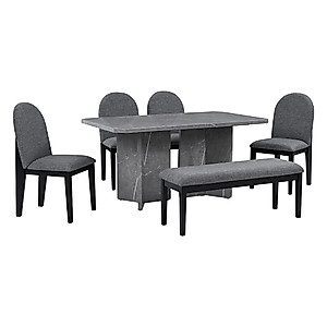 Merax 6 Pieces Dining Table Set with 4 Chairs and 1 Bench,Modern Faux Marble Kitchen Furniture, Gray
