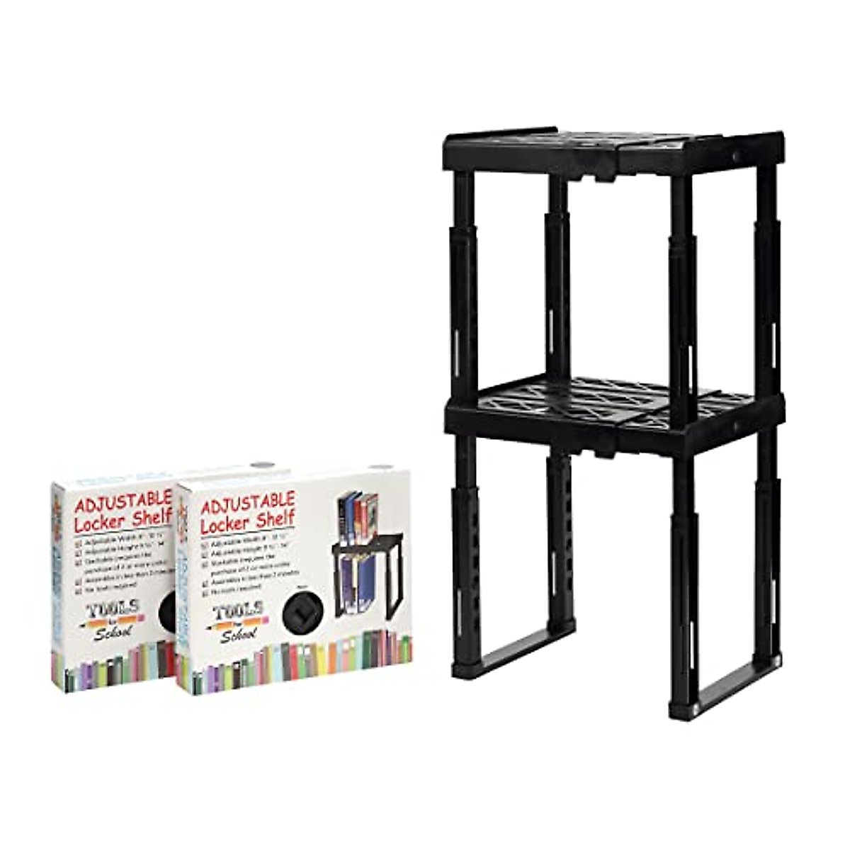 Tools for School Locker Shelf Organizer for School Locker - Locker Organizer - Strong ABS Plastic - Adjustable Width with Side Magnets - Patented Stackable Shelf Organizer - Pack of 2 - (Black)