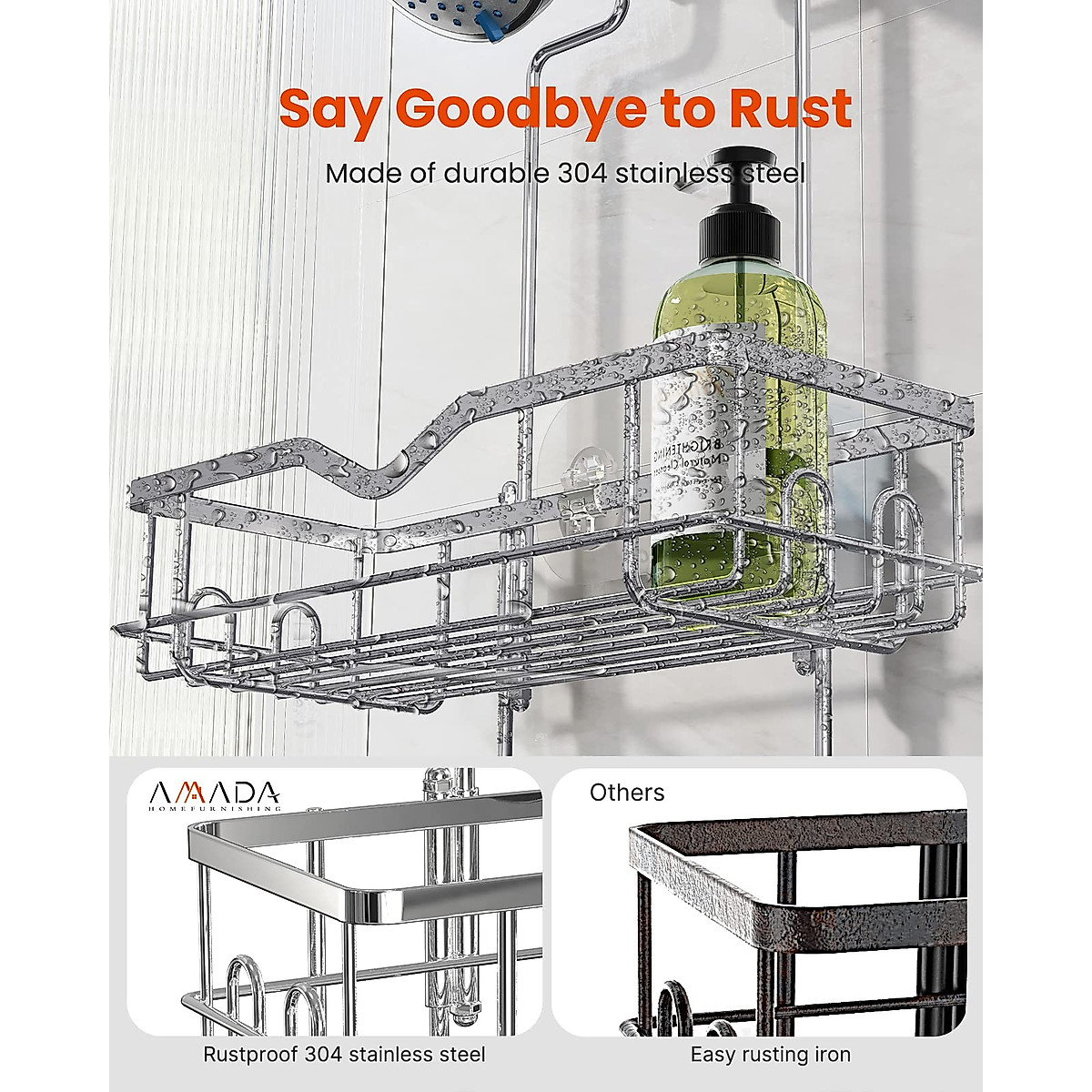 Amada Hanging Shower Caddy, Shower Caddy Over Shower Head, Rustproof Stainless Steel Shower Organizer with Soap Holder & Hooks, Shower Rack for Shampoo, Sponges, Towels, No Drilling Required, Silver