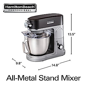 Hamilton Beach Professional All-Metal Stand Mixer with Specialty Attachment Hub, 5 Quart Bowl, 12 Speeds, Includes Flat Beater, Dough Hook, Whisk (63240)