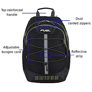 FUEL Terra Sport Spacious School Backpack with Front Bungee, Black/Green One Size