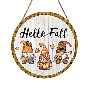 Harooni Fall Sign for House 12"x12" Hello Fall Gnome Sign for Front Door Rustic Autumn Round Hanging Wooden Sign Decorative Fall Sign for Home Front Porch Door Yard Garden