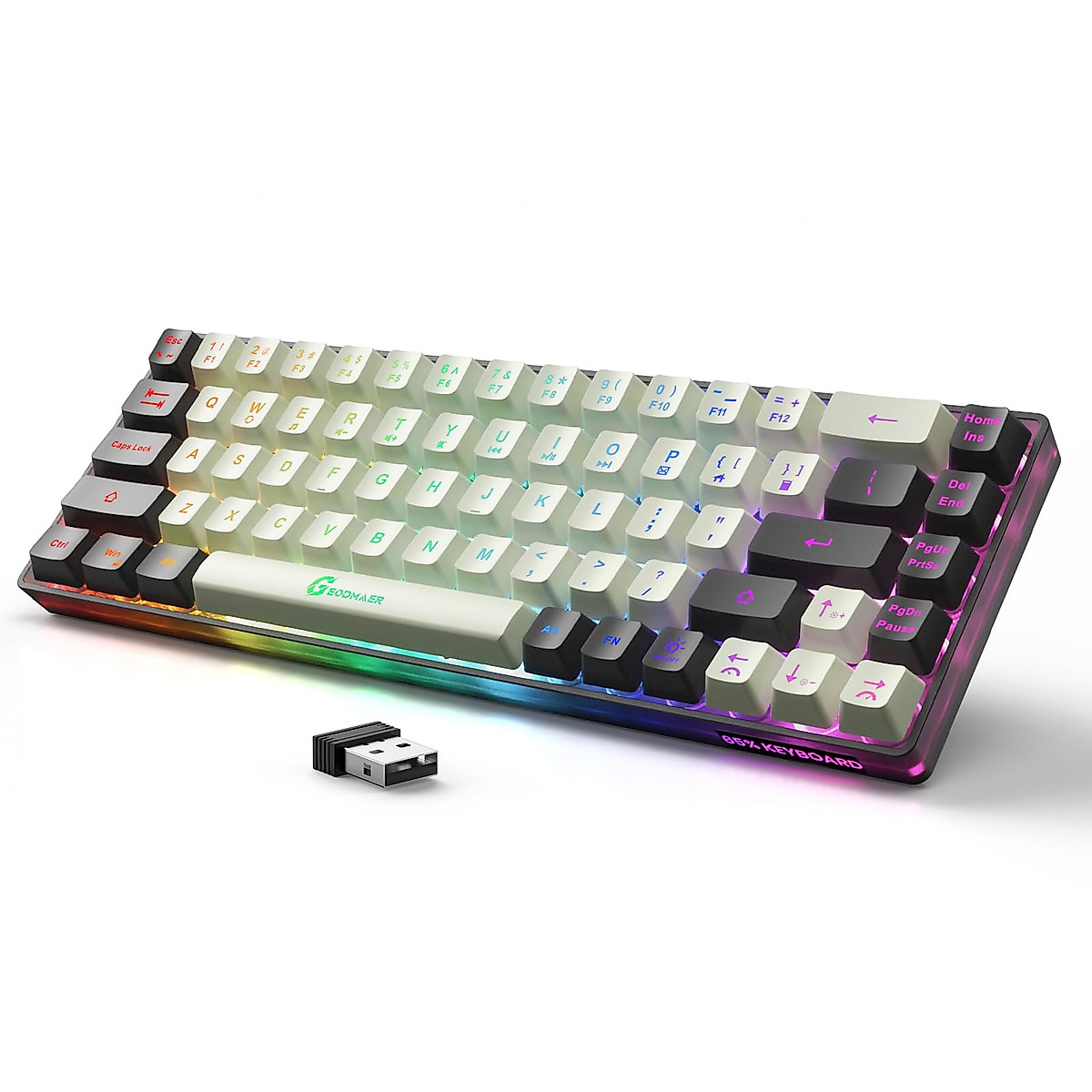 GEODMAER 65% Wireless Gaming Keyboard, Rechargeable Backlit Gaming Keyboard, 68 Keys Ultra-Compact Anti-Ghosting No-Conflict Keyboard for PC Laptop Gamer (White-Black)