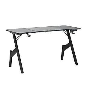 HLDIRECT 55 Inch Gaming Desk with Carbon Fibre Surface Large Computer Desk Gaming Table Ergonomic Pc Gaming Workstation Home Office Desks with Cup Holder & Headphone Hook