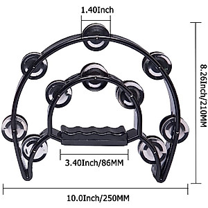 2Pack 10" Double Row Tambourine for Adult, Half Moon Musical Tambourine 20 Metal Jingles Hand Held Percussion Drum, Plastic Musical Percussion Tambourines for Adults, Church, KTV, Party, Black & White