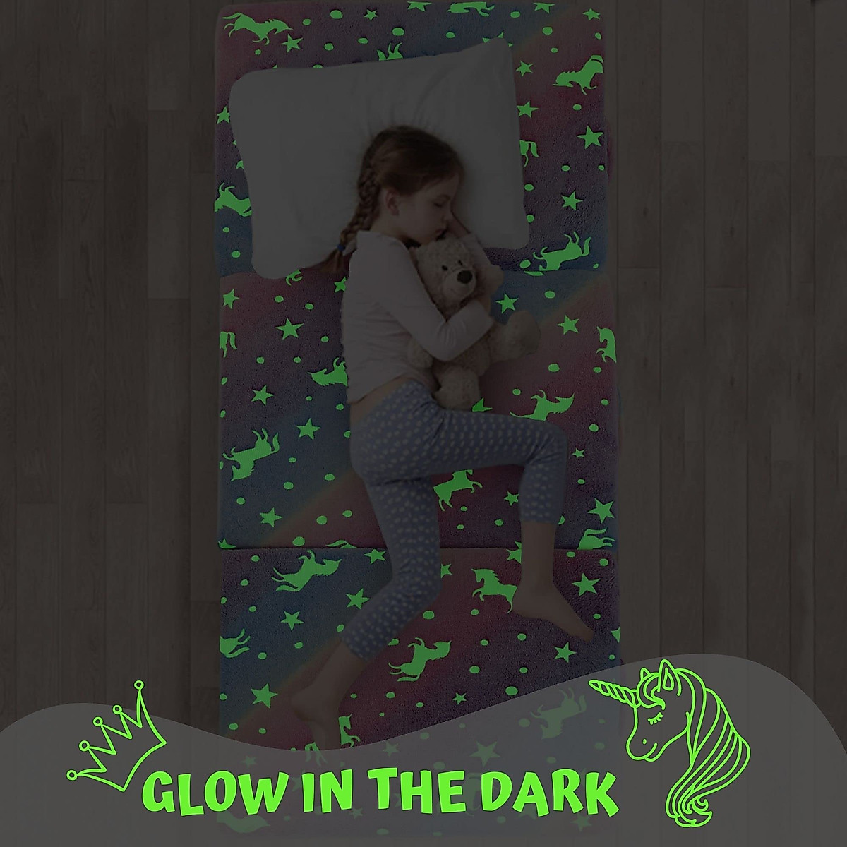 MeMoreCool Glow Rainbow Unicorn Foldable Floor Mattress for Kids, Trifold Nap Mat for Toddlers, Portable Daycare Sleeping Futon or Floor Bed, 63x26 Inch