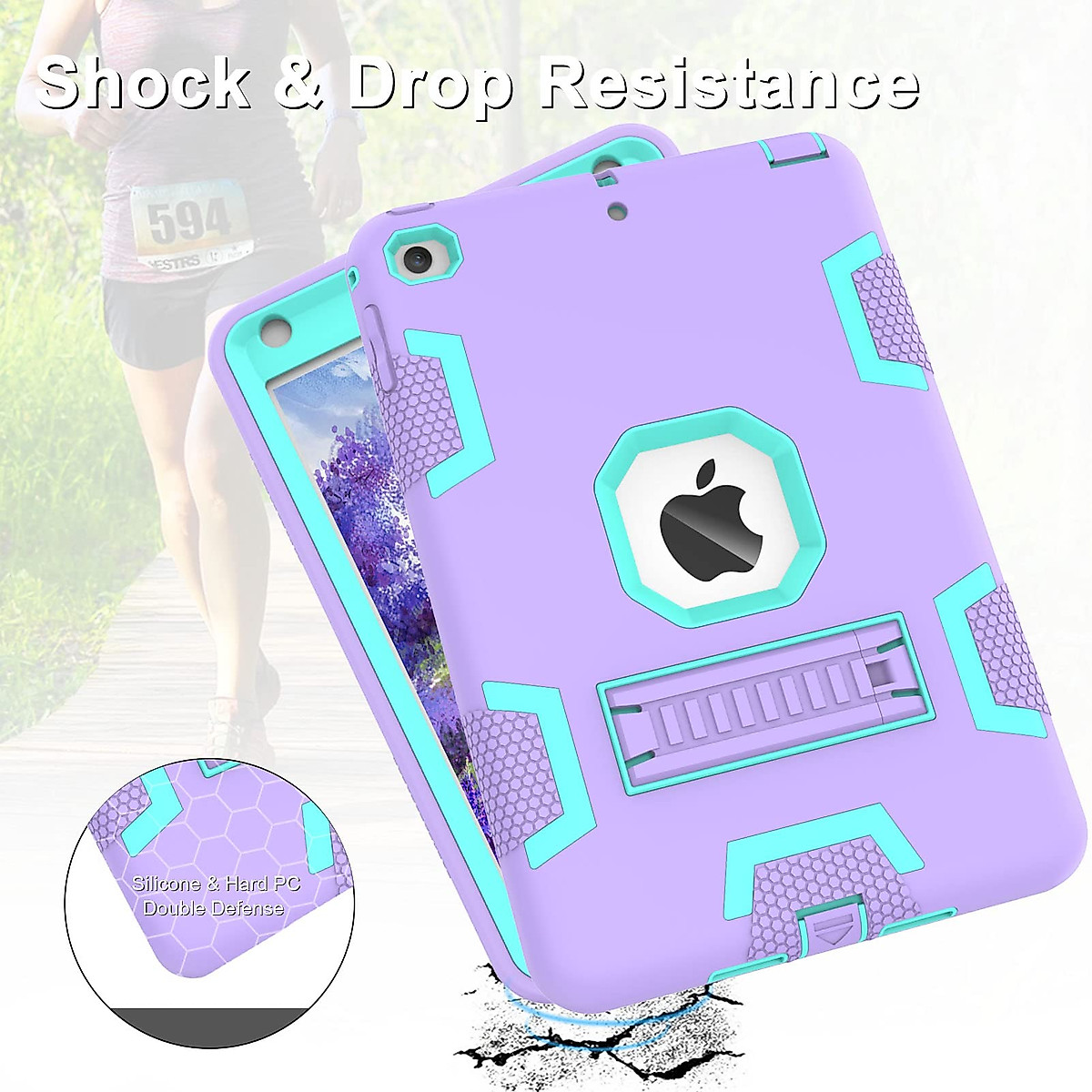 CCMAO iPad Mini 5 Case 2019, iPad Mini 4 Case 2015, Heavy Duty Shockproof Hybrid Protective Cover for iPad Mini 5th/4th Generation 7.9 inch, for Kids Girls Child, Purple+Green