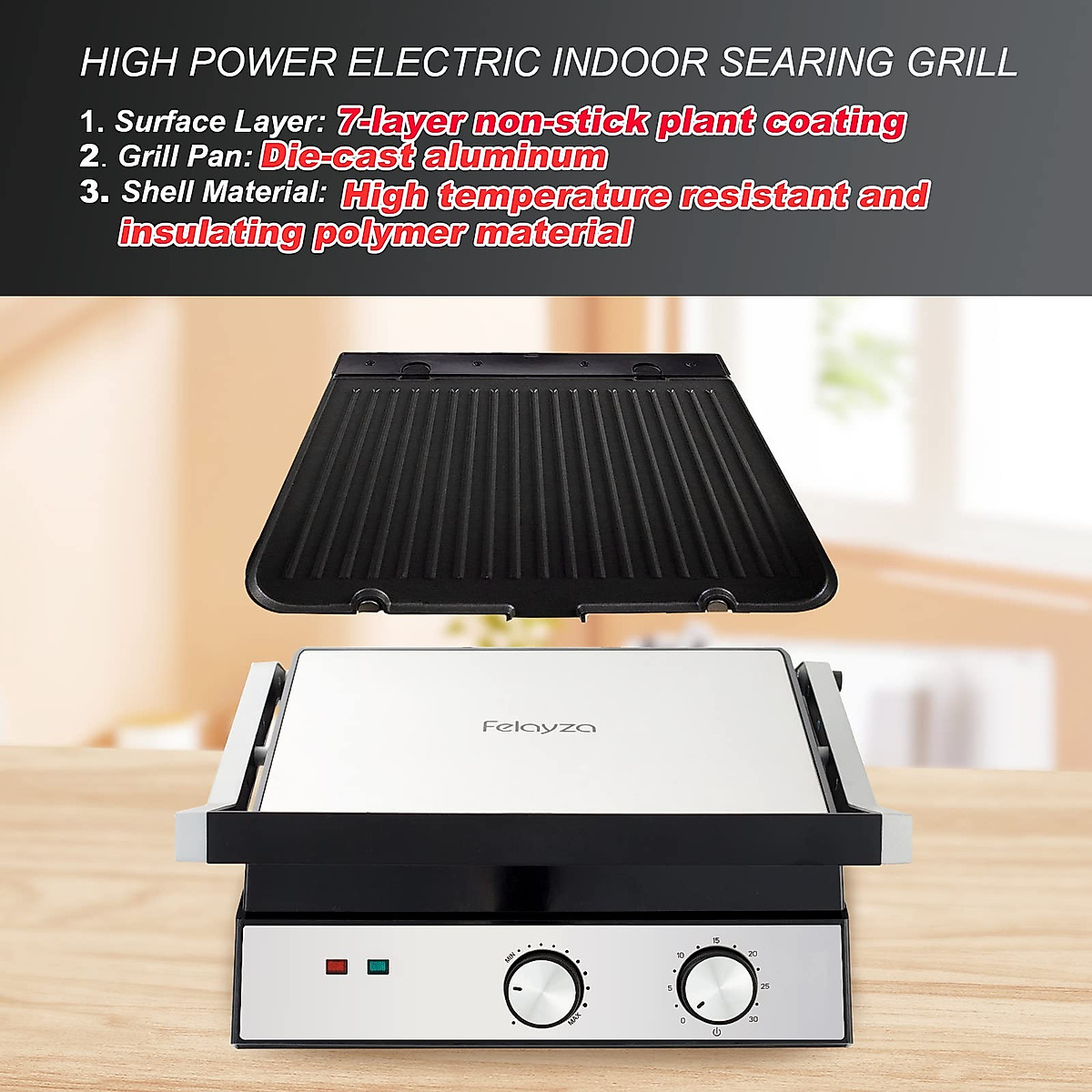 FELAYZA Smokeless Indoor Electric Grill & Panini Press, 8-Serving, Nonstick Removable Plate, Temp & Time Adjustable, Indoor Table Aluminum Grill with Removable Drip Tray for BBQ, Sandwich, Pancake etc