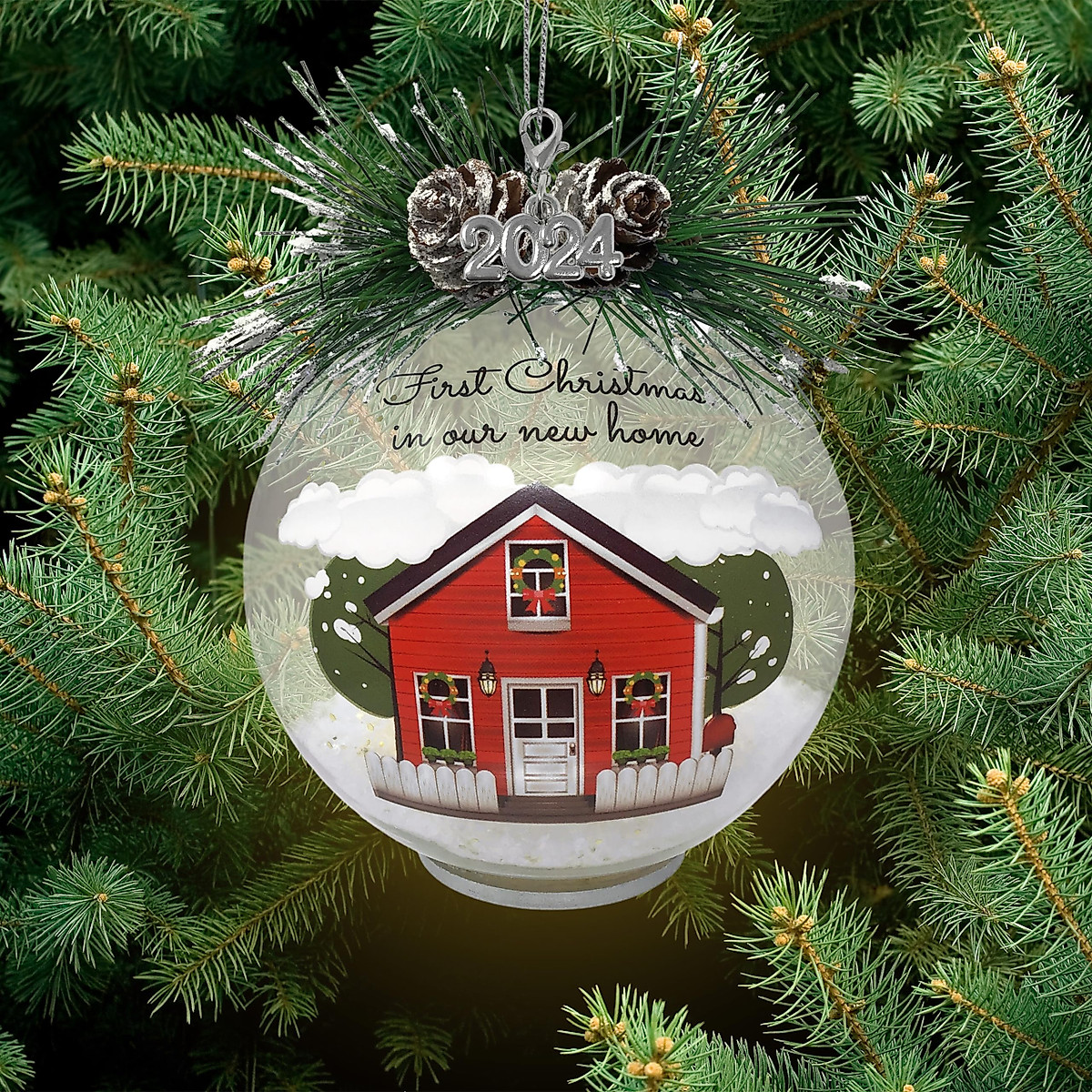 First Christmas in Our New Home Dated 2023 Charm - LED Lighted Glass Ball Ornament with Glittery Snow, Pinecones Greenery
