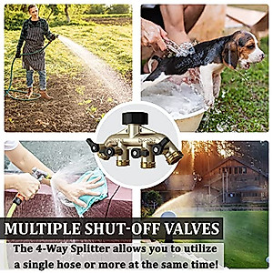 Heavy Duty 4 Way Hose Splitter (Premium Brass for Superior Durability), Wye Garden Hoses Connector for Water Spigot Faucet Bib Tap, Four Shut Off Valves, Y Adapter, Rust-Resistant Finish, Zero Leaks
