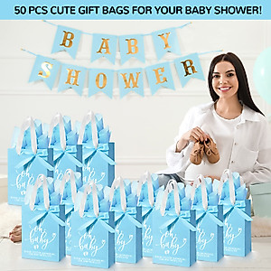 PerKoop 50 Pack Baby Shower Gifts Bag with Tissue Papers Baby Shower Bag with Handle Paper Gift Bag and 50 Sheets Decorative Tissue Paper for Guests Gifts Gender Reveal Baby Shower Favors (Blue)