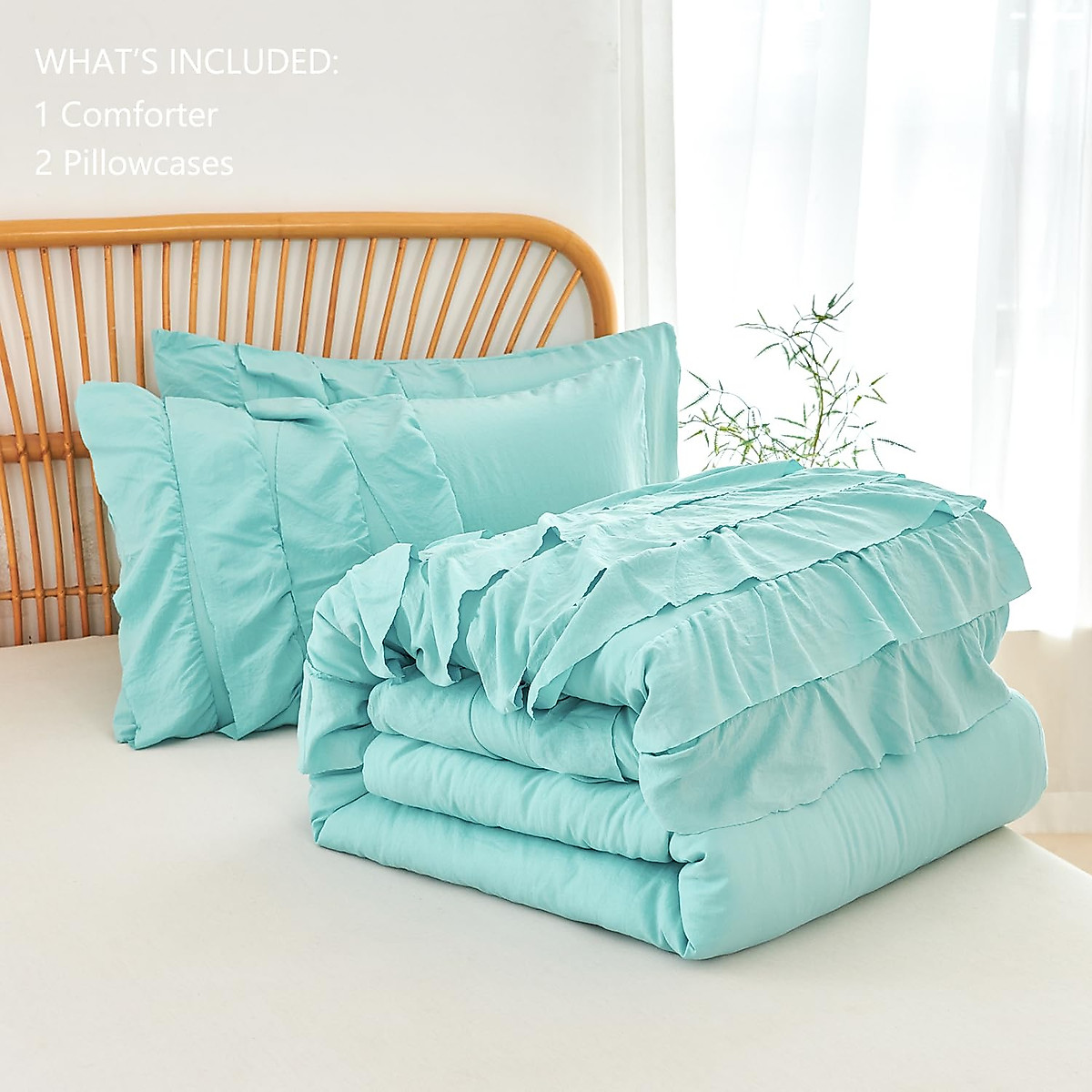 PERFEMET Teal Boho Full Size Bedding Sets for Girls, Multi Layers Ruffle Kids Comforter Set, Washed Microfiber Princess Bed Set, Farmhouse Fluffy Boho Preppy Bedding Set (Teal,Full)