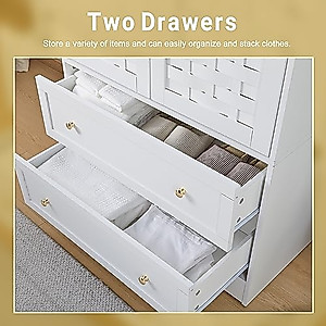 QEIUZON Wardrobe Closet, Freestanding Closet Wardrobe Cabinet with Wide Drawers & Hanging Rod, Armoire for Bedroom, Kids' Room, Dorm (White)