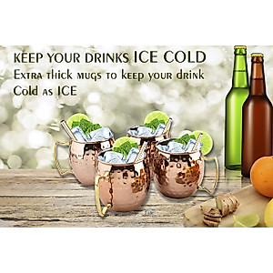 BOLD & DIVINE Copper Plated Moscow Mule Mugs Set of 4 | 18 Oz Hammered Copper Cups with Stainless Steel Lining Gold & Brass Handles with Copper Straws & Shot Glass | Perfect for Bars, Parties & Gifts