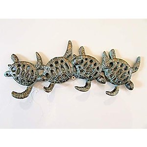 Cast Iron 11.5" Seafoam Green Bronze Sea Turtle Coat Hat Key Purse Bag 4 Hook Rack