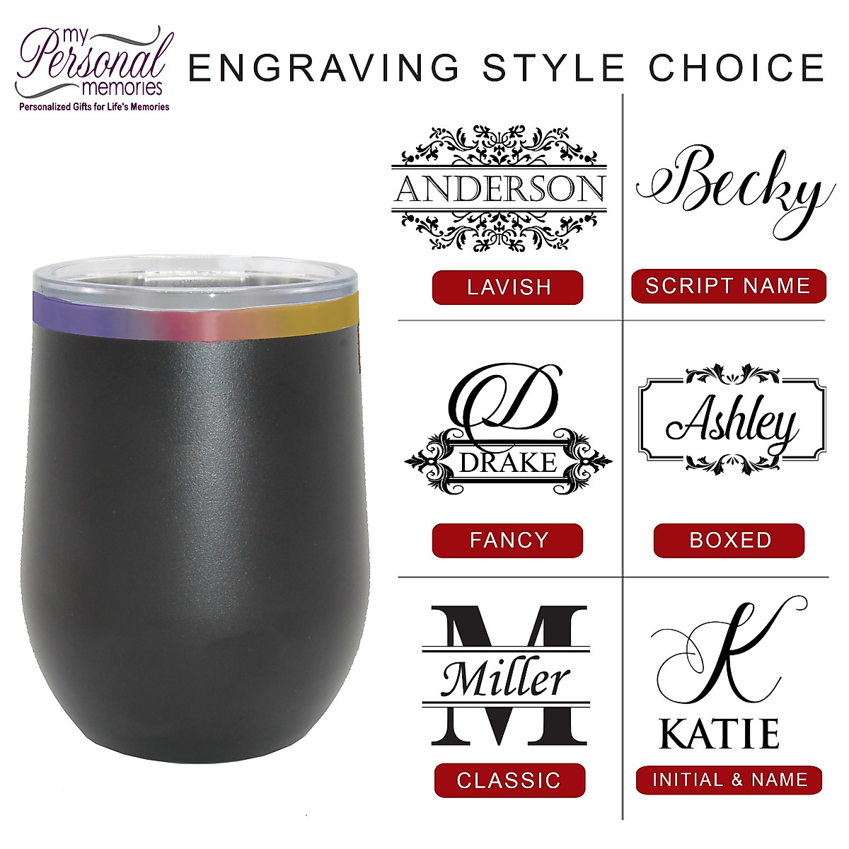 Custom Engraved Insulated Stemless Wine Tumbler Cup - Personalized Bridesmaid Beach Pool Girls Fun - Monogrammed (Black with Prism)