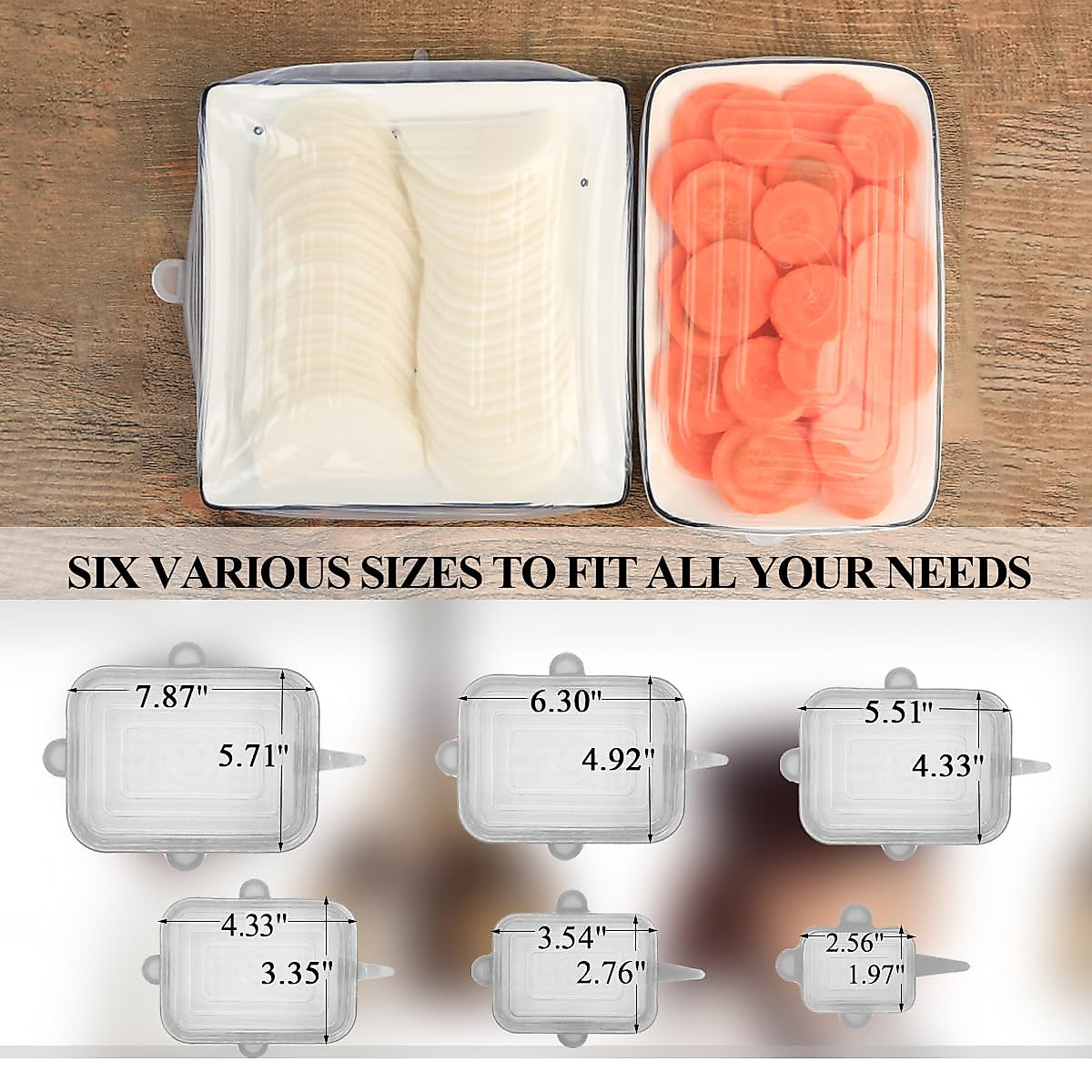 Adpartner 6PCS Rectangle Silicone Lids for Food Storage, Reusable BPA-free Silicone Stretch Lids in 6 Different Sizes to Fit Most Square and Rectangle Containers, Microwave Freezer Dishwasher Use Safe