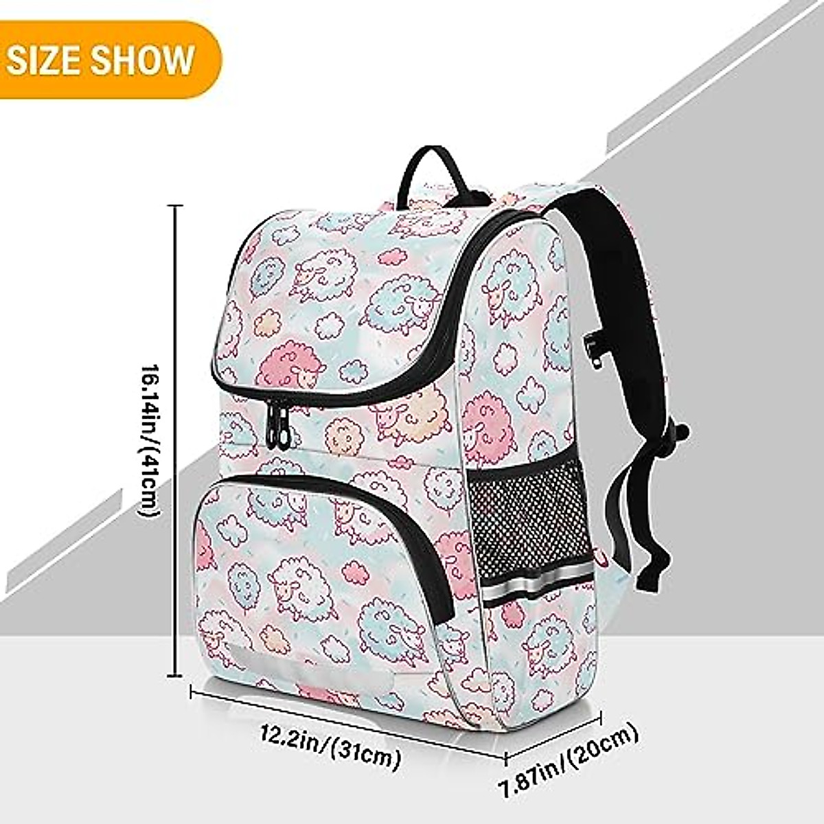 Sletend Backpack Cute Sheep and Cotton Candy School Backpack Travel Hiking Large Capacity Causal Daypack Bookbag Laptop Schoolbag with Reflective Tape for Boys Girls Adults