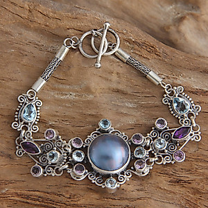 NOVICA Artisan Handcrafted Cultured Pearl Amethyst Flower Bracelet Sterling Silver Blue Topaz Mabe Purple White Pendant Indonesia Birthstone Balinese Traditional [7.5 in min L x 8 in max L x 0.1 in ]