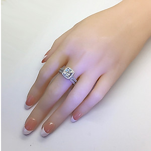 Diamonbella Supreme 101 Facets 2 Carat Rectangular Cushion Cut NSCD Simulated Diamond Ring Band Set Solid 925 Silver Halo Design (6.5)