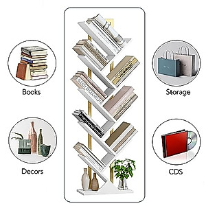 Yusong Tree Bookshelf, Geometric Bookcase with Steel Pipe for Living Room Bedroom, Floor Standing Books Shelves for Home Office (White, 9 Tier)