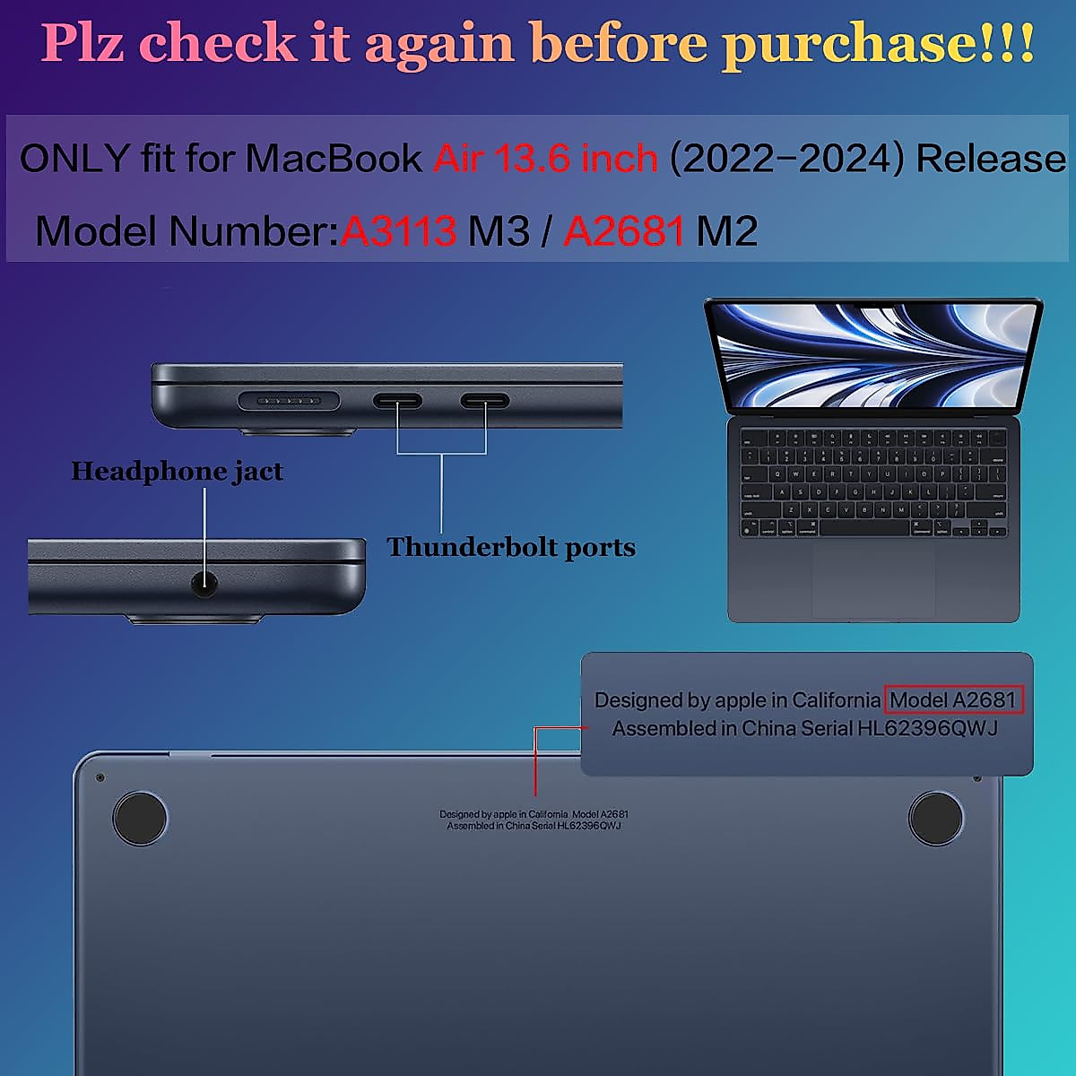 Teryeefi for MacBook Air M2 M3 13.6 Case 2022 2023 2024 Release A2681 A3113, Clear Hard Shell with Keyboard Cover & USB 3.0 Adapter & Screen Protector, Gold Floral Butterfly