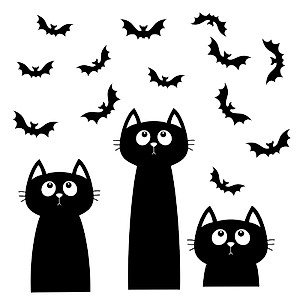 SIKERIC Halloween Black Cat and Bat Window Decals, Spooky Halloween Cat Wall Stickers, Vinyl Halloween Wall Murals, Peel and Stick Halloween Window Decor Art, Halloween Cat Window Clings Decorations