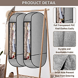 Garment Bags for Hanging Clothes,Chakera Large Breathable Garment Bag for Closet Storage with 10”Gusseted,Clear Clothing Storage Garment Cover for Dress Sweater with Double Zipper,Grey