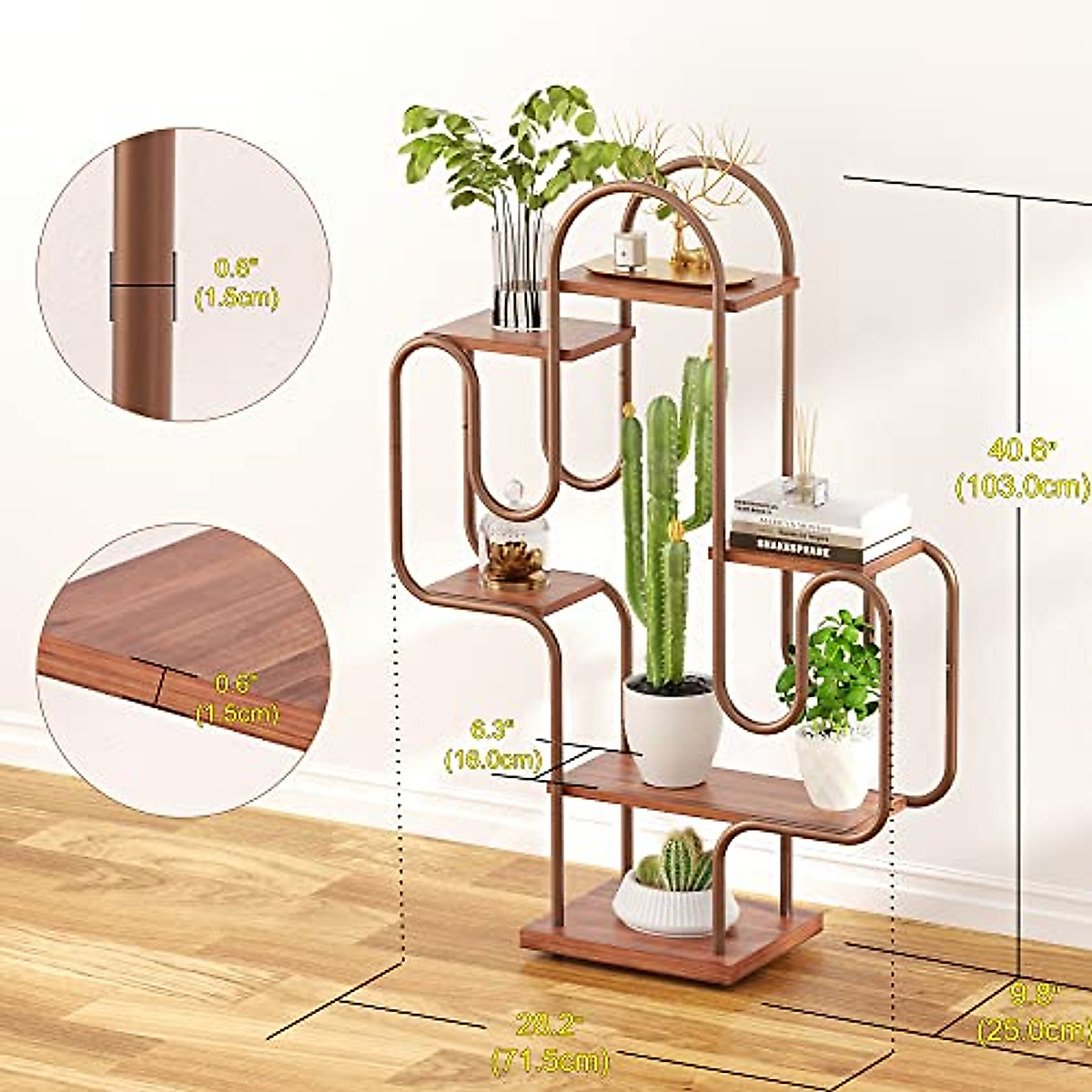 Allinside Cactus Corner Bookshelf, 6 Tiers Multipurpose Plant Stand, Heavy-Duty Metal Corner Shelf, Creative Tall Display Rack, Rustic Bookcase for Living Room, Bedroom, Home Office and Balcony