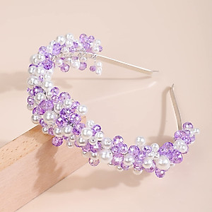 Kercisbeauty Purple Crystal and Pearl Hair Tiara for Girls Prom Wedding Bridal Handmade Crown Women Special Occasion Boho Jewelry (Purple)