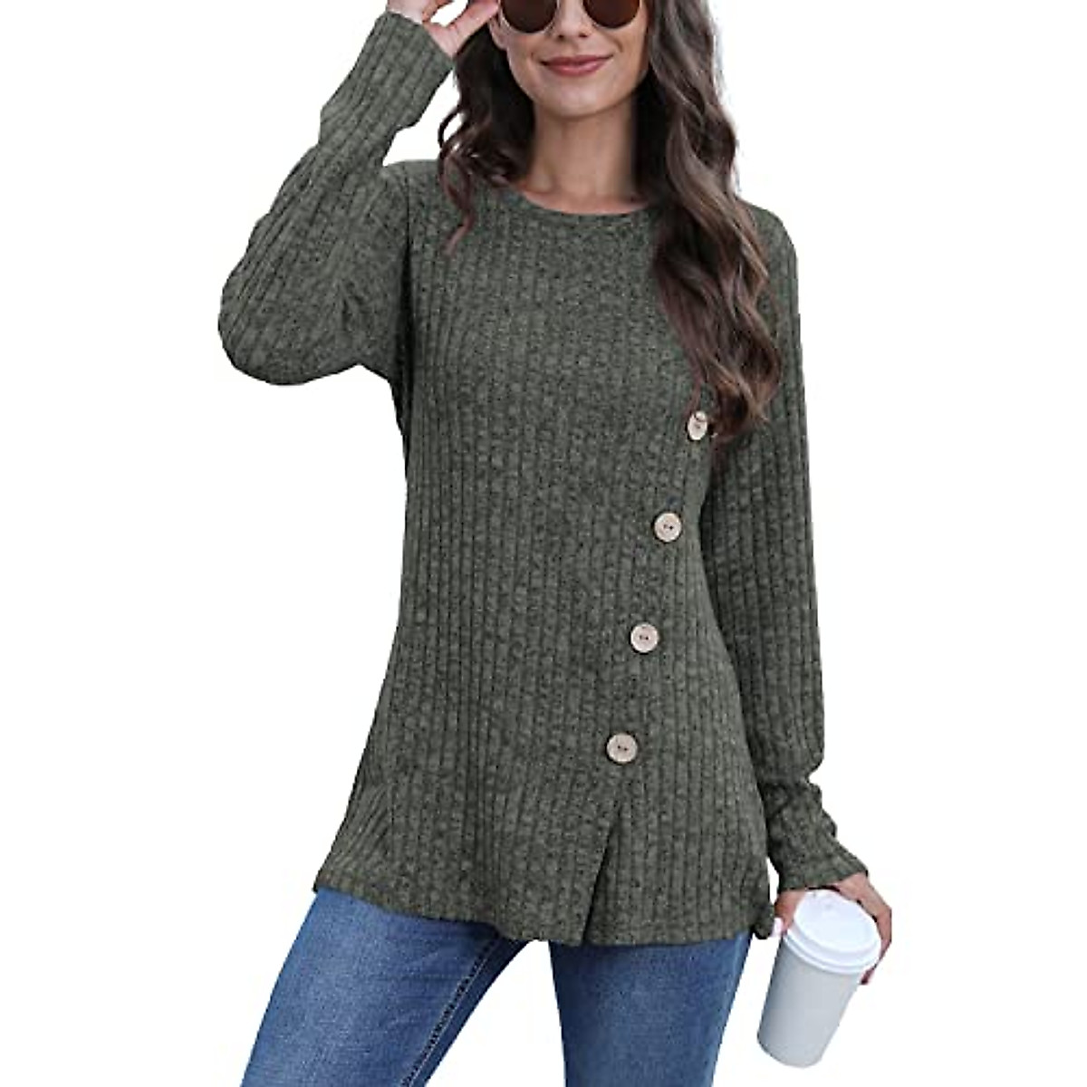 Fall Tops for Women Casual Crew Neck Long Sleeve Pullover Sweaters Green