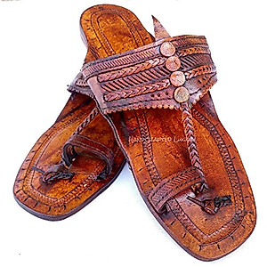 Handcrafted Luxury Men Water Buffalo Hippie 100% Leather Sandals Biblical Leather Sneakers Jesus Sandals Brown Finger Style Kolhapuri Sandals (8 M US Men / 10 M US Women)