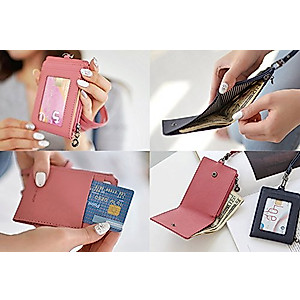 ID Window Card Badge Holder Leather Wallet Zip Neck Detachable Strap Landyard Money