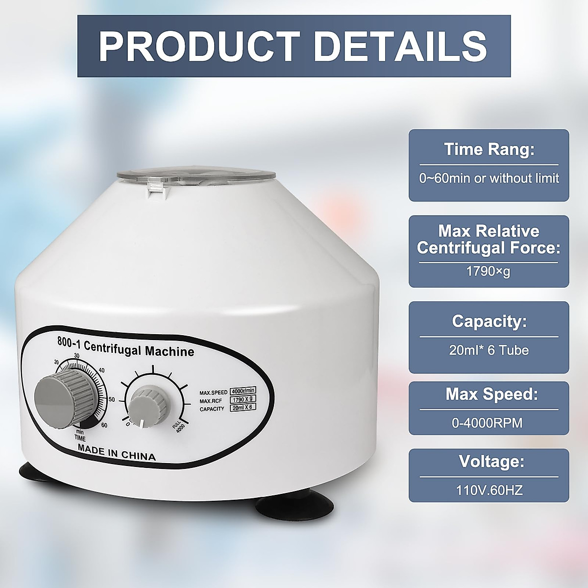 NORJIN Electric Lab Laboratory Centrifuge Machine with Speed Control and Timer, Lab Benchtop Centrifuges AC 110V Capacity 6 x 20ml Max 4000 RPM
