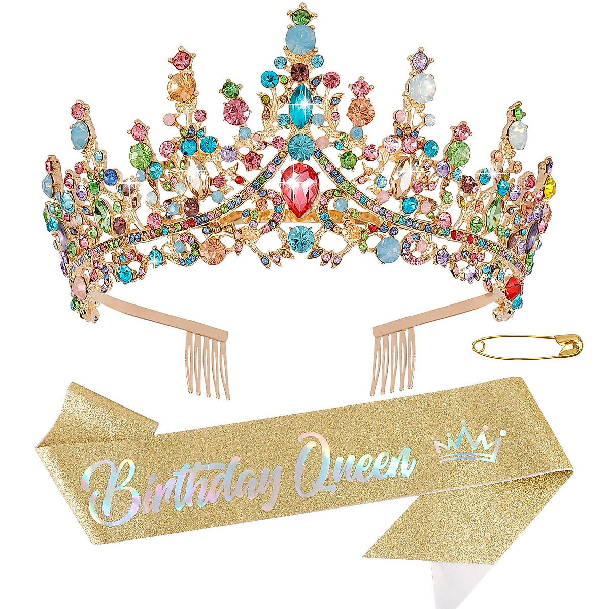 Chanaco Birthday Tiara Birthday Sash for Women Birthday Queen Sash Birthday Crowns for Women Gold Tiaras Happy Birthday Decorations Princess Rhinestone Headband Birthday Party Suppliers Gifts