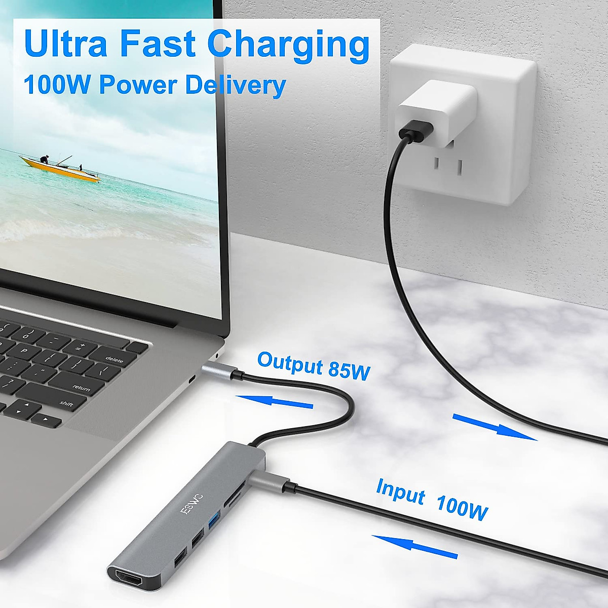 JESWO USB C Hub/Adapter, 7 in 1 with 4K HDMI Output, USB 3.0, 2 USB-A, SD/TF Card Reader, 100W PD, USB C Dongle for MacBook Pro/Air, Dell XPS More Type C Devices