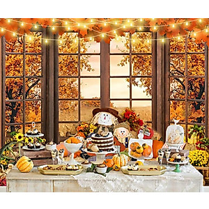 Fall Thanksgiving Backdrops for Photography Pumpkin Fall Window Photo Backdrop Scarecrow Maple Leaves Background Autumn Harvest Party Decorations Background Baby Shower Party Banner Photo Props 10x8ft