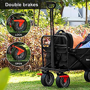 BEAU JARDIN Collapsible Folding Beach Wagon Cart 350lbs Foldable All Terrain Wagon 100L Utility Camping Grocery Portable Outdoor Garden Sport Shopping Heavy Duty Push Pull Wagon Black