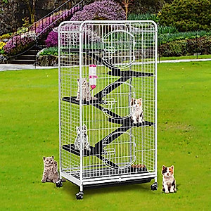 Yaheetech Large Rolling Cat Kitten Cage 6-Tier 52" Metal Kitten House for Ferret Chinchilla Rabbit Squirrels w/ 3 Front Doors/Pet Bowl/Water Bottle White