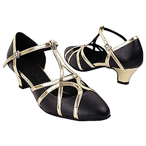 Very Fine Dance Shoes - Ladies Practice, Cuban Low Heel, Waltz Ballroom Dance Shoes - SERA3541-1.2-inch Heel and Foldable Brush Bundle - Black Leather - Light Gold Trim - 10