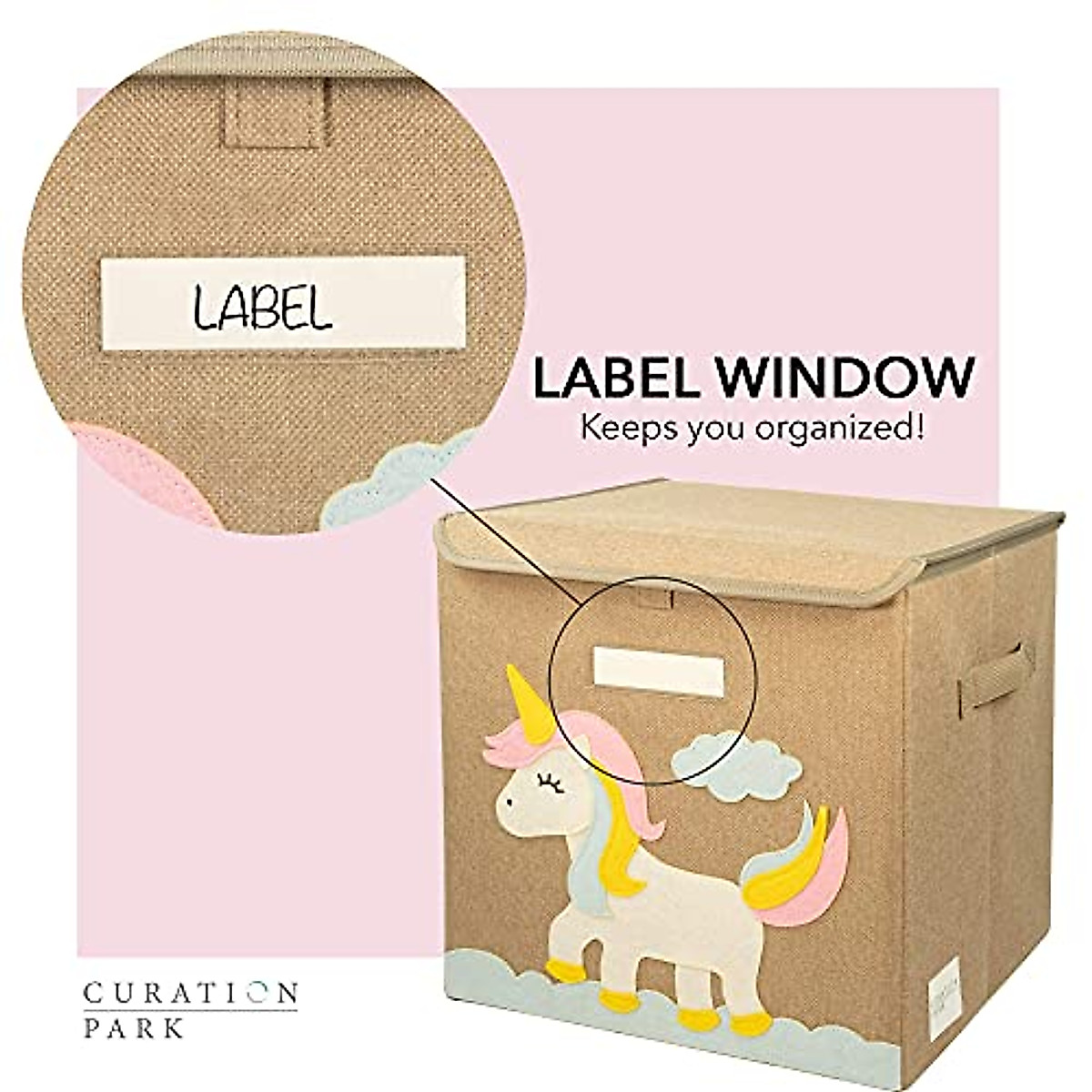 Curation Park Storage Cube Box || Collapsible Canvas Bin Chest with Flip-Top Lid and Name Label || Perfect Organizer