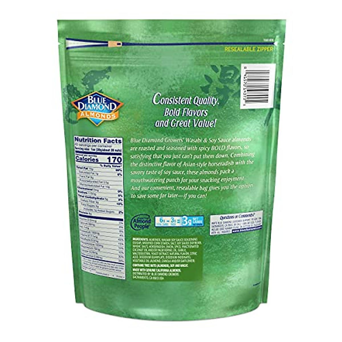 Blue Diamond Almonds Wasabi & Soy Sauce Flavored Snack Nuts, 40 Oz Resealable Bag (Pack of 1)