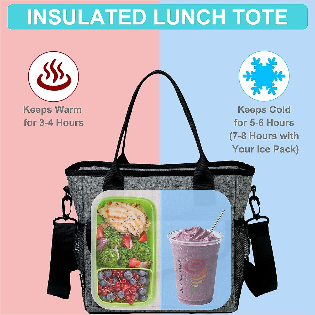 VASCHY Lunch Bag for Women, Ladies Fashion Insulated Lunch Box Tote Bag for Work Office w Shoulder Strap Gray