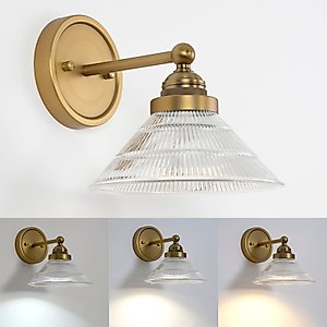HEQIQEH Vintage Battery Operated Wall Sconce Lighting Fixture with Clear Ribbed Glass Shade, Dimmable Cordless Wall Lamp with Remote Control for Bedside, Hallway, Porch, Kitchen, Vanity Bathroom