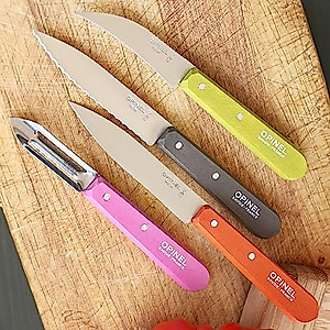 Opinel Les Essentials Small Kitchen 4 Piece Knife Set - Paring Knife, Serrated Knife, Peeler, Vegetable Knife, Corrosion Resistant High Carbon Steel, Made in France (Art Deco)