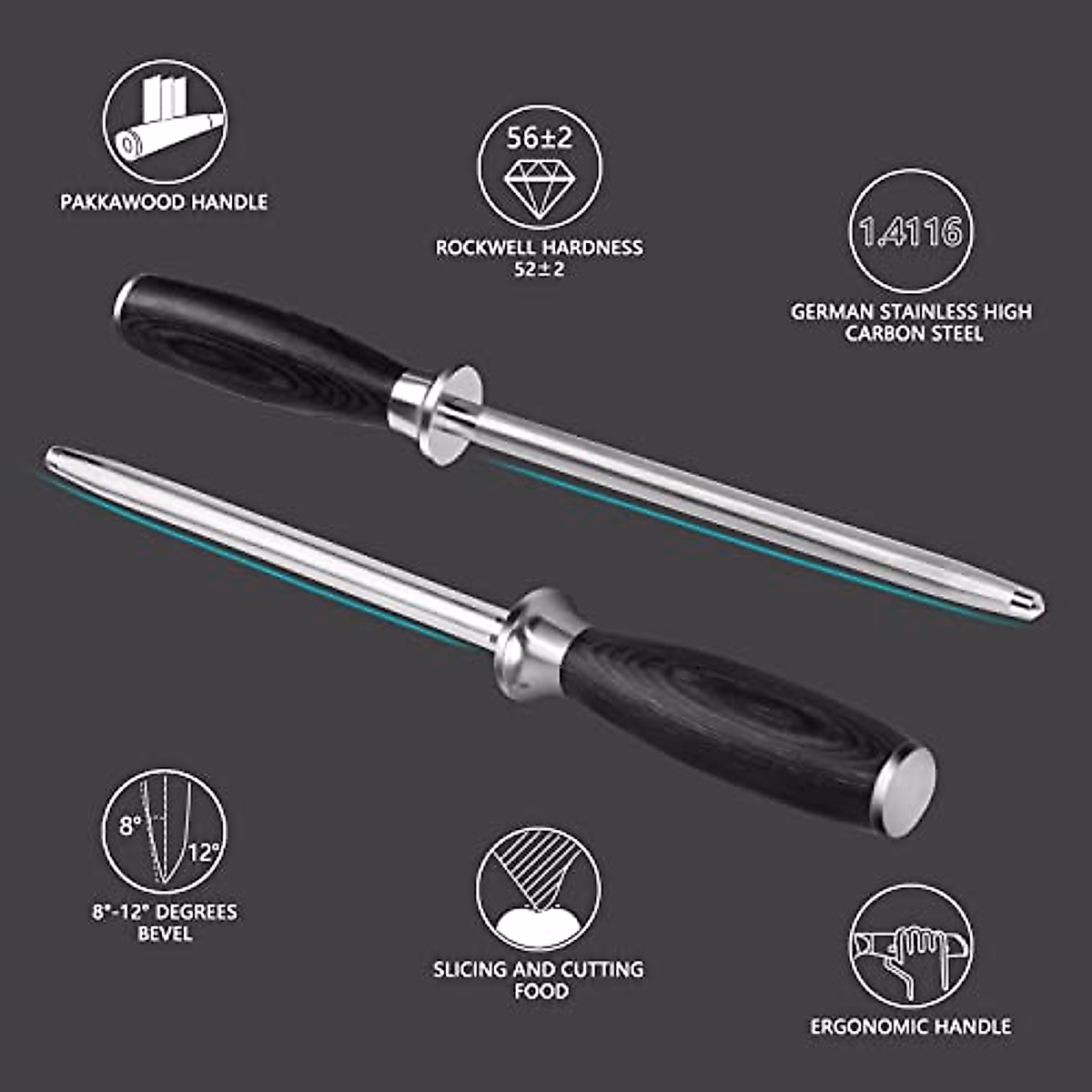 TUO Kitchen Knife Sharpener 8 inch Honing Steel Knife Sharpening Tool Helps Repair Restore Polish Blades Sharpening Rod, German stainless steel With Gift Box, Fiery Phoenix Series - Black