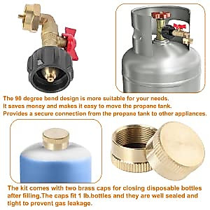 BouPower QCC1/Type1 Propane Refill Elbow Adapter with ON-Off Control Valve & 2pcs Refill 1 LB Propane Bottle Caps for Camping Grill 1lb Propane Gas Bottle Tank from 5-40LBS Cylinder